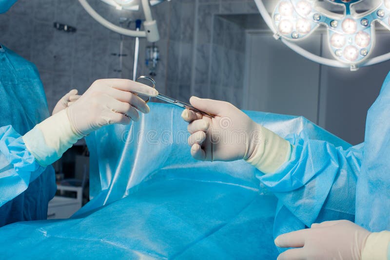 Close-up Of Gloved Hands Passing The Surgical Scissors, Operating Room ...