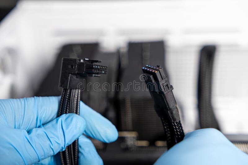 Close-up of Gloved Hands Holding Two Different Black GPU Power ...