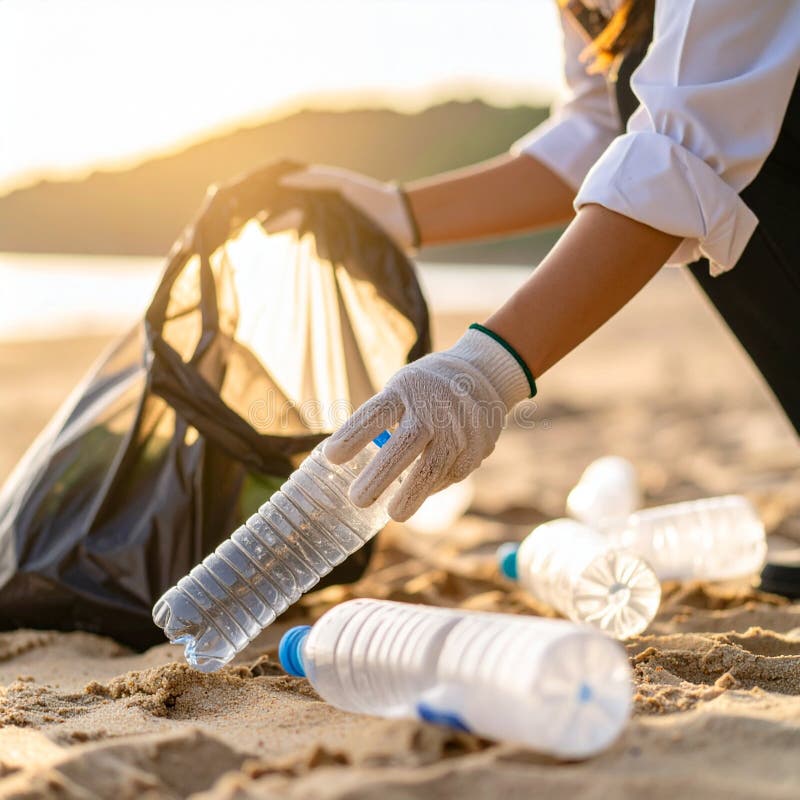 Close Up of Gloved Hands Picking Up Trash and Plastic Bottles while ...