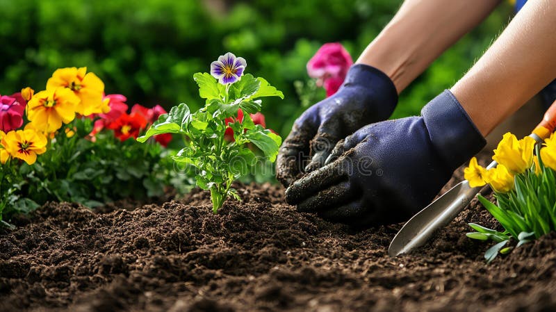 Close Up of Gloved Hands Planting a Flower in a Garden Stock ...