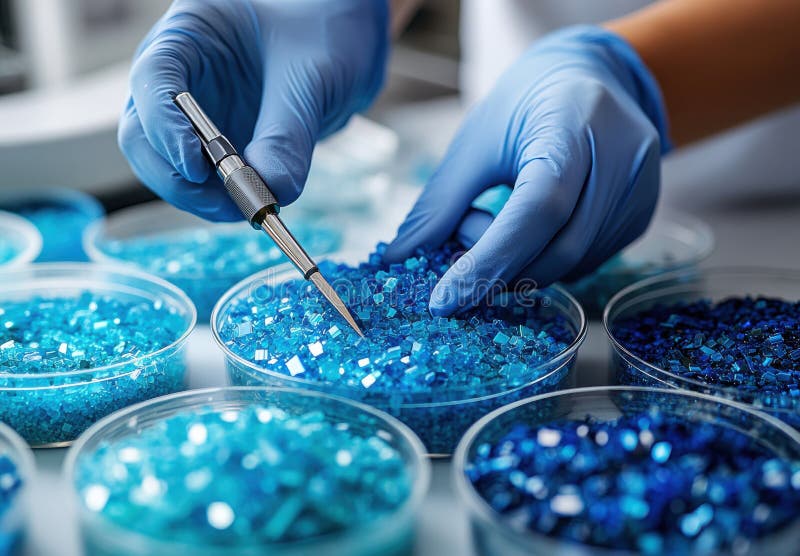 Close-up of Gloved Hands Sorting Blue and Green Microplastics in Lab ...