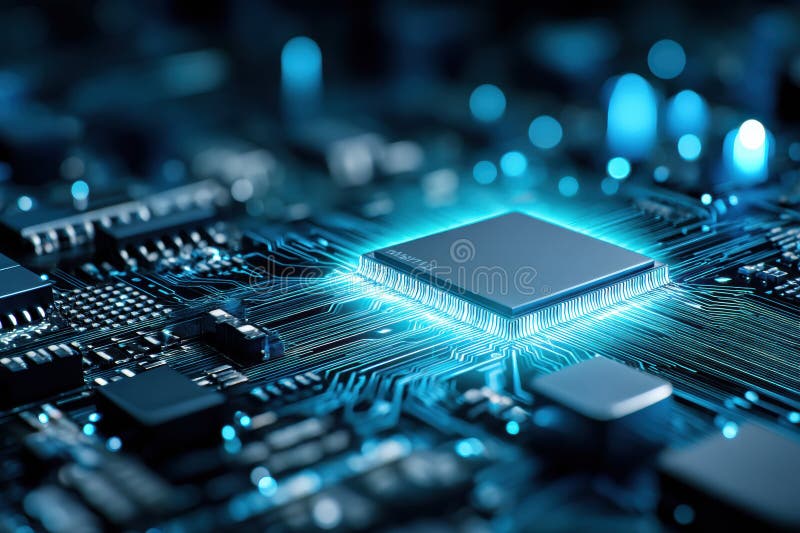 Close-up of Glowing AI Chip on Complex Motherboard Showcasing Cutting ...