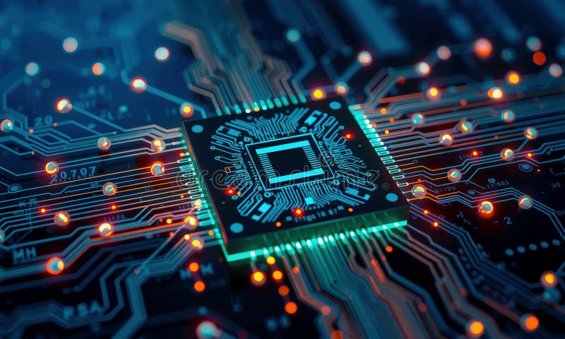 Close Up of AI Chip Processor on Circuit Board, Glowing with Blue and ...