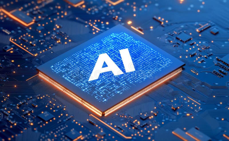 Close-up of a Glowing AI Microchip on a Blue Circuit Board Showing ...