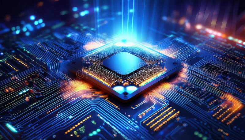 Close Up of Glowing AI Processor on Motherboard, with Vibrant Binary ...