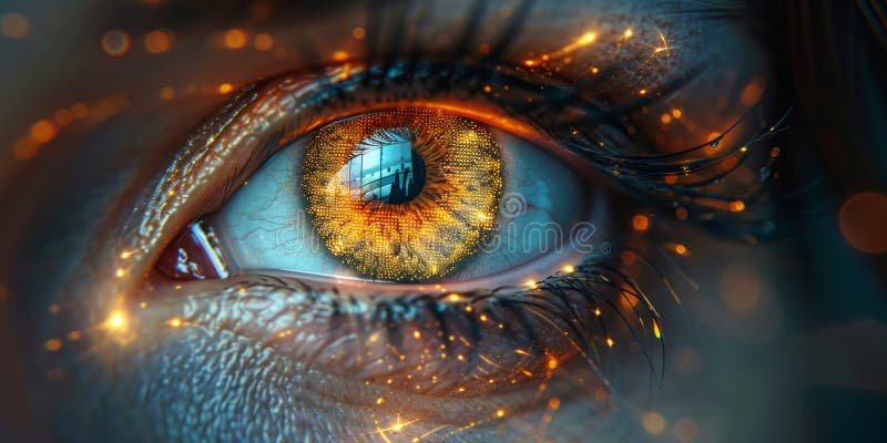 A Close-up of a Glowing Amber Eye with Intricate Patterns and Fiery ...