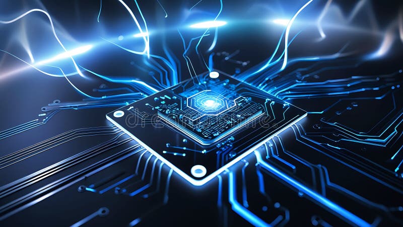 A Close Up of a Glowing Blue Computer Chip with Intricate Circuit ...