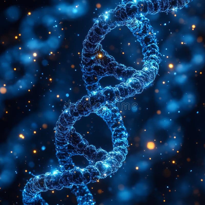 Close-up of a Glowing Blue DNA Molecule Structure with Connected Nodes ...