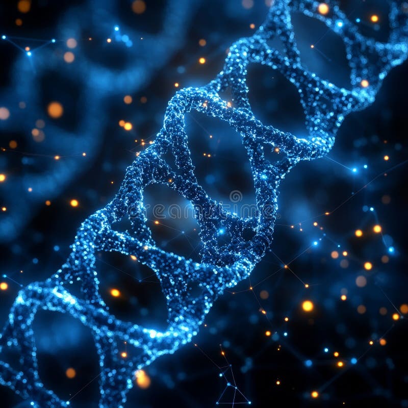 Close-up of a Glowing Blue DNA Molecule Structure with Connected Nodes ...