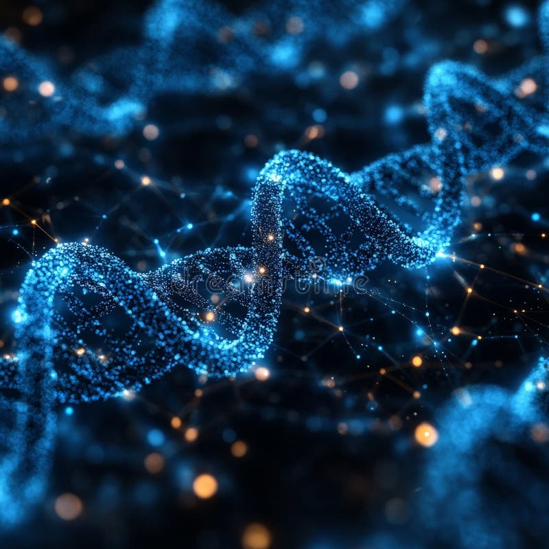 Close-up of a Glowing Blue DNA Molecule Structure with Connected Nodes ...