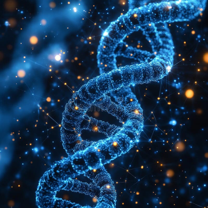 Close-up of a Glowing Blue DNA Molecule Structure with Connected Nodes ...