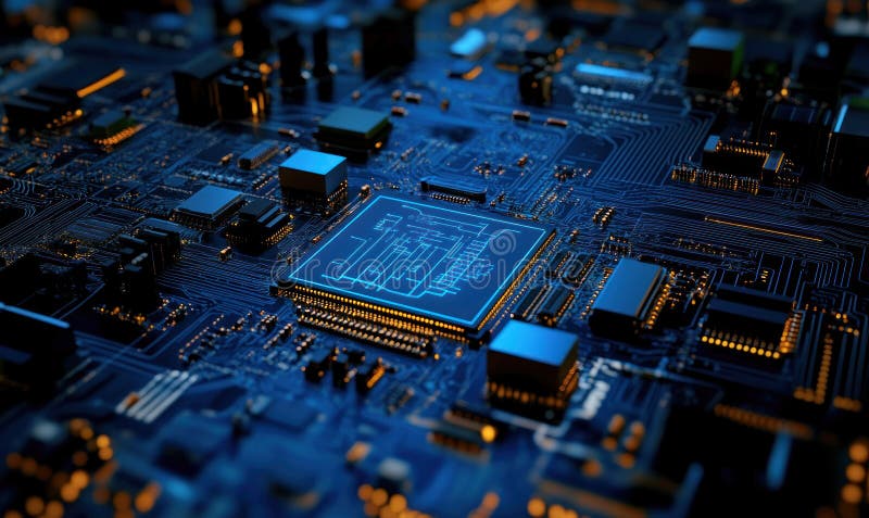 Close-up of a Glowing Blue Microchip Surrounded by Circuit Patterns in ...