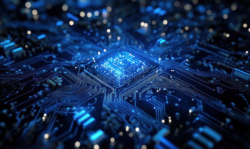 Close-up of a Glowing Blue Microchip Surrounded by Circuit Patterns in ...