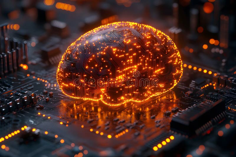 Close-up of a Glowing Brain-shaped Circuit Board on a Dark Background ...