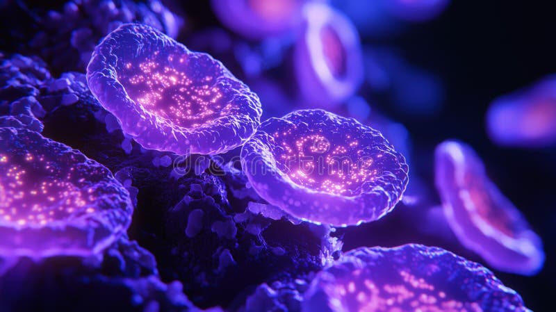 Close-up of Glowing Cells Under a Microscope Displaying Vibrant Colors ...