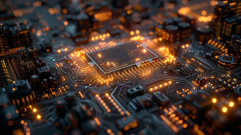 Close-up of a Glowing Circuit Board with a Central Processing Unit and ...