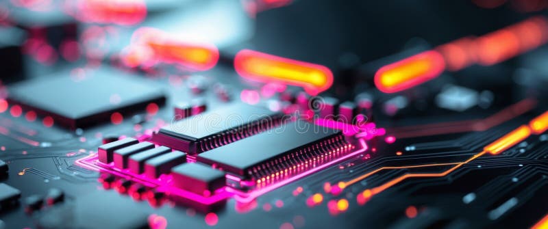 Close Up Glowing Circuit Board Neon Pink Orange Components Stock Photos ...