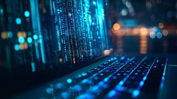 Close-up of Glowing Code on Screen with Blurred Blue Lights Stock Photo ...