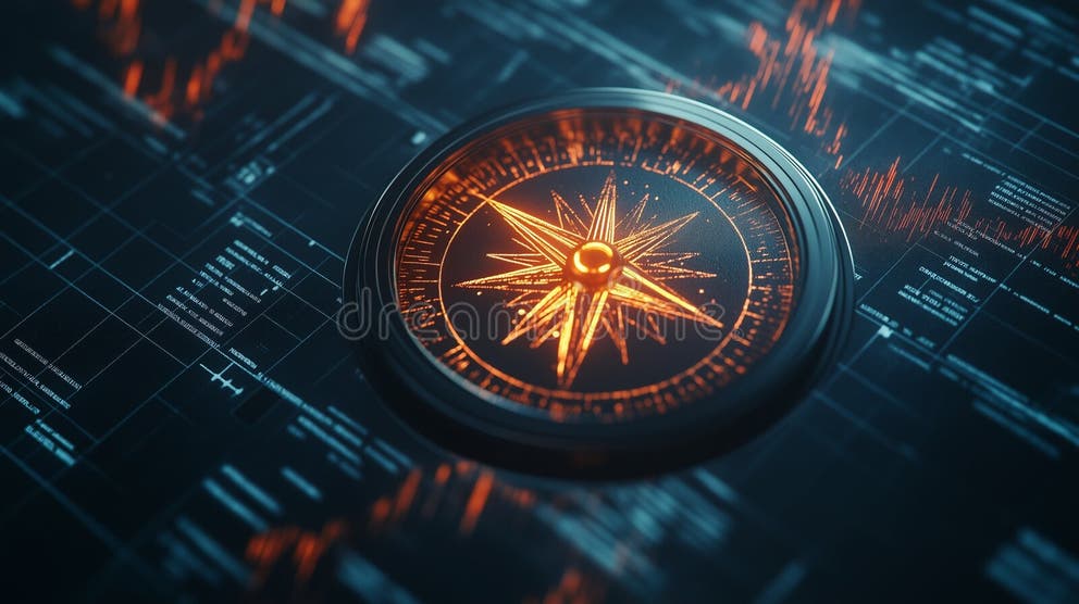 Close-up of a Glowing Compass on a Dark Financial Chart Stock Image ...