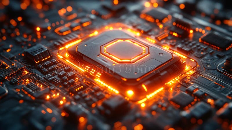 Close-Up of Glowing Computer Chip Circuit Board Generative AI Stock ...