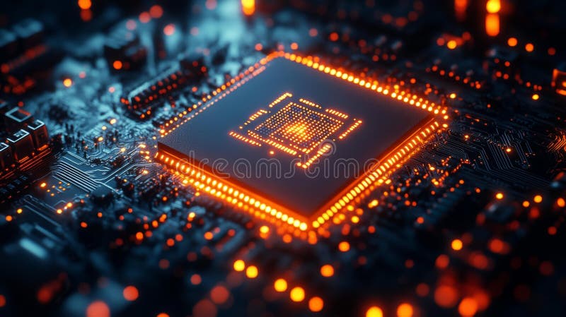 Close-up of Glowing Computer Chip on Circuit Board Generative AI Stock ...