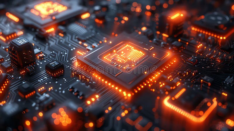 Close-up of a Glowing Computer Microchip on a Circuit Board, Showcasing ...