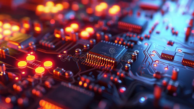 Close Up of a Glowing Computer Motherboard with Red and Orange Lights ...