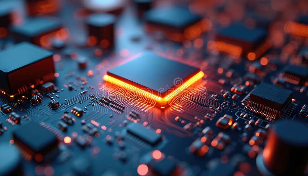 Close-up of Glowing CPU on Motherboard. Futuristic Tech Circuit Board ...