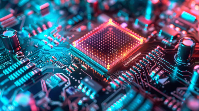 Close-Up of Glowing CPU on a Motherboard Stock Photo - Image of solder ...