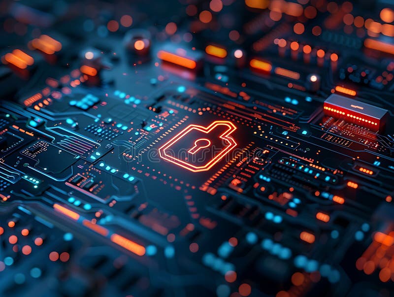 Close-up of a Glowing Cybersecurity Lock Icon on an Intricate ...