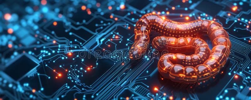 Close Up of a Glowing Digital Worm Crawling on a Computer Circuit Board ...