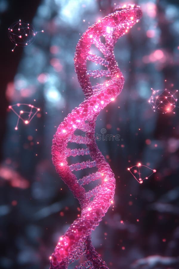 Close-up of Glowing Dna Helix in Abstract Digital Space with Geometric ...