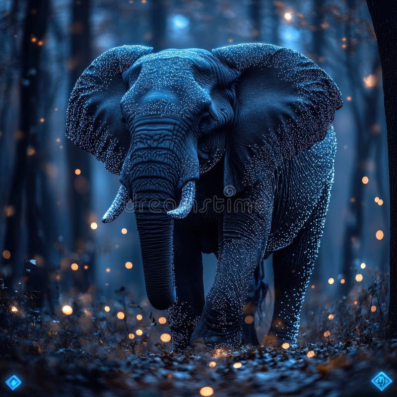 Close-up of Glowing Elephant in Illuminated Forest at Night Stock Image ...