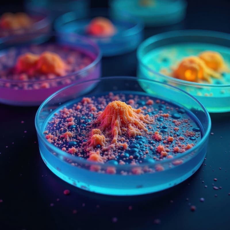 Close Up Glowing Engineered Microbes in Petri Dishes, Oil Spill ...