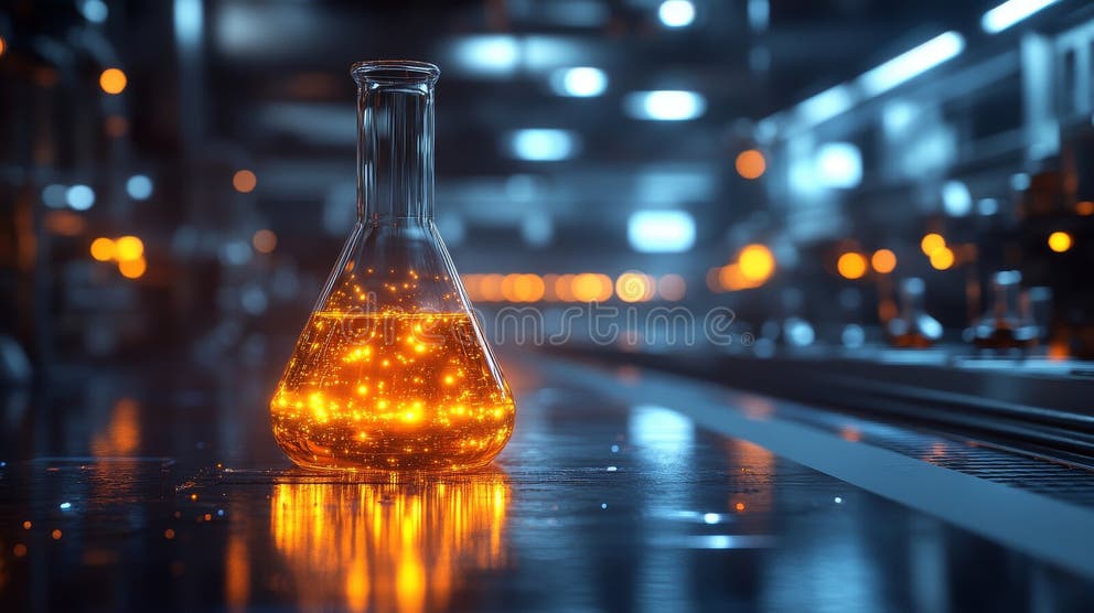 Close Up of Glowing Erlenmeyer Flask in a Dimly Lit Laboratory Stock ...