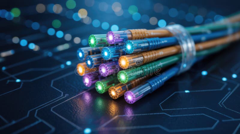 Close-up of Glowing Fiber Optic Cables for High-speed Internet and Data ...