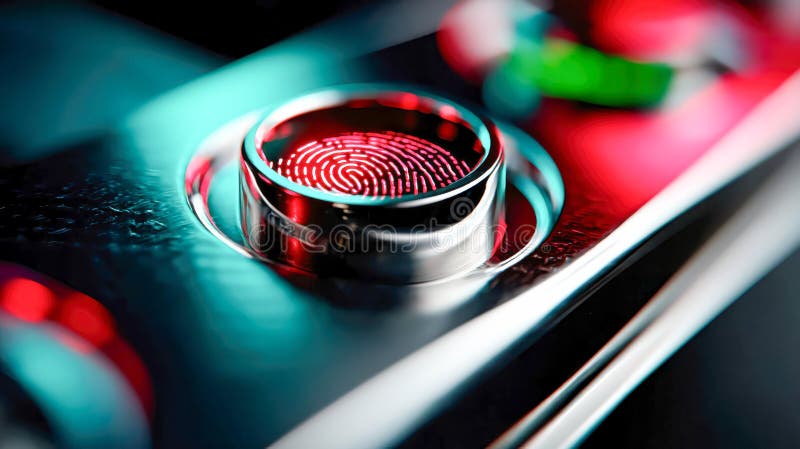 Close-up of a Glowing Fingerprint Scanner Button on a Metallic Surface ...