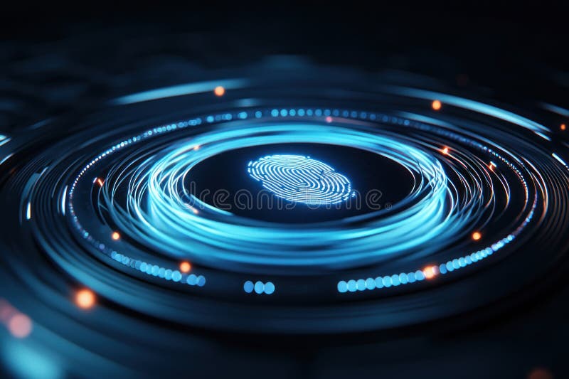 Close Up of Glowing Fingerprint Scanner with Swirling Blue Light Stock ...