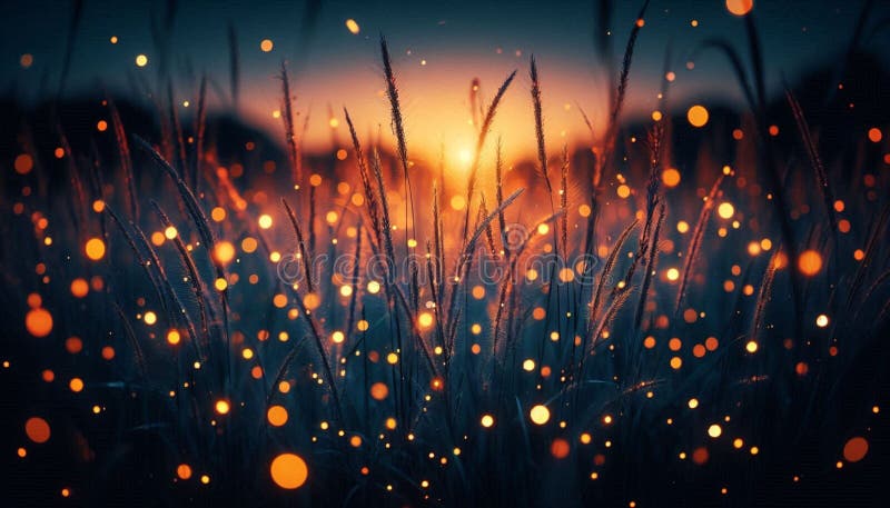 Close-Up of Glowing Fireflies among Tall Grass at Summer Dusk ...