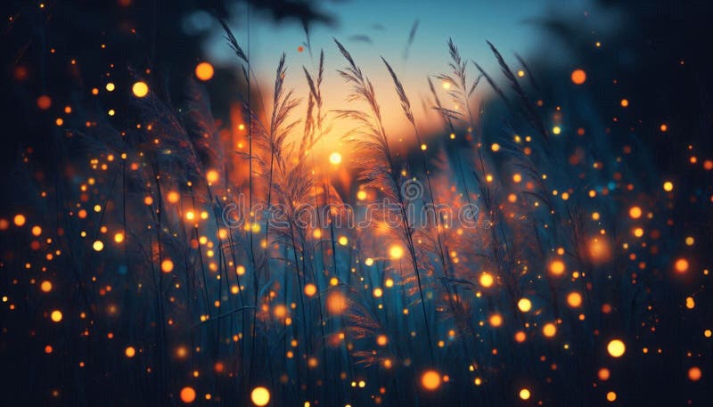 Close-Up of Glowing Fireflies among Tall Grass at Summer Dusk ...