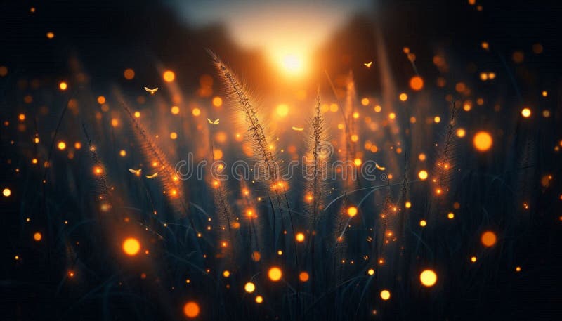 Close-Up of Glowing Fireflies among Tall Grass at Summer Dusk ...