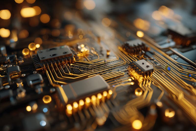 Close Up of Glowing Golden Circuit Board Stock Illustration ...