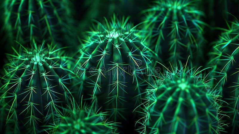 Close-up of Glowing Green Cacti with Sharp Spines in Dark Ambient Light ...