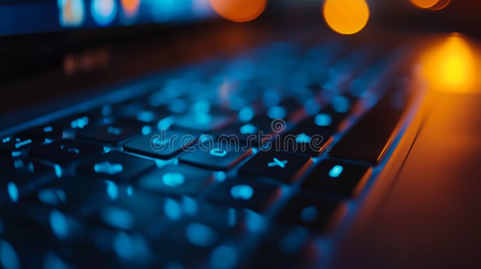 Close-up of a Glowing Keyboard with Blue and Orange Lights Stock Photo ...