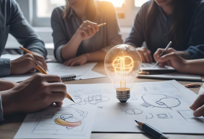 Close-up of a Glowing Light Bulb on a Table during a Brainstorming ...