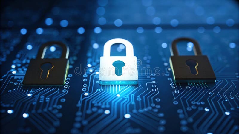 Close Up of Glowing Locks on Blue Integrated Circuit Background ...