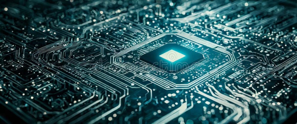 Close-Up of a Glowing Microchip on a Circuit Board Stock Image - Image ...