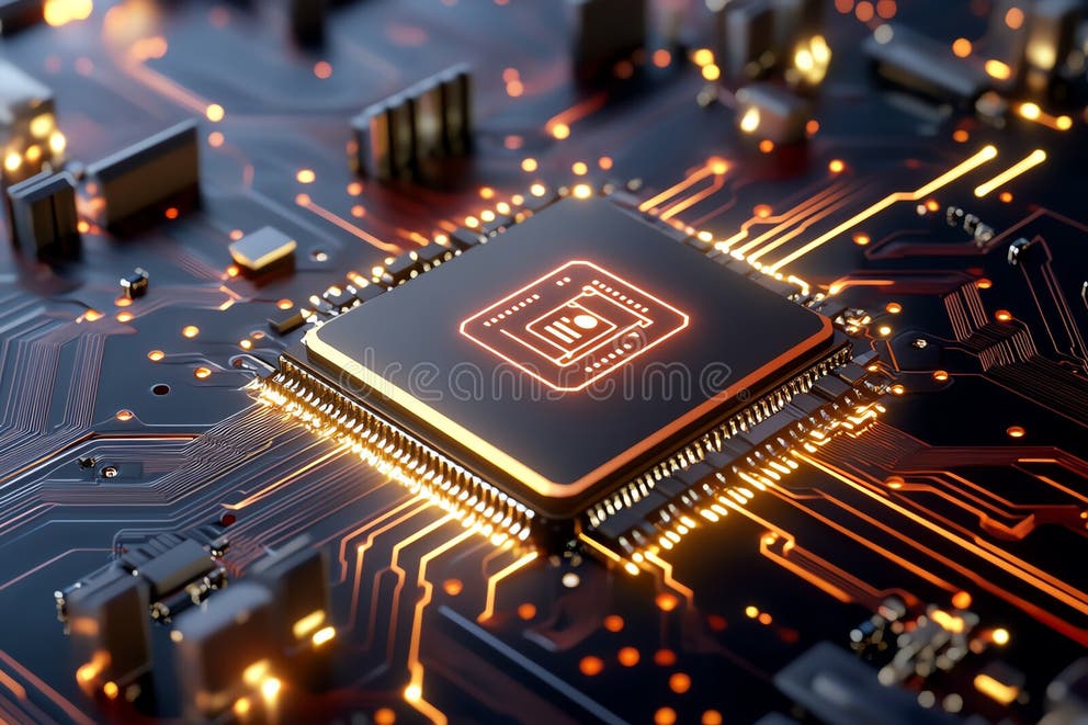 Close-up of a Glowing Microchip on a Circuit Board, Representing ...
