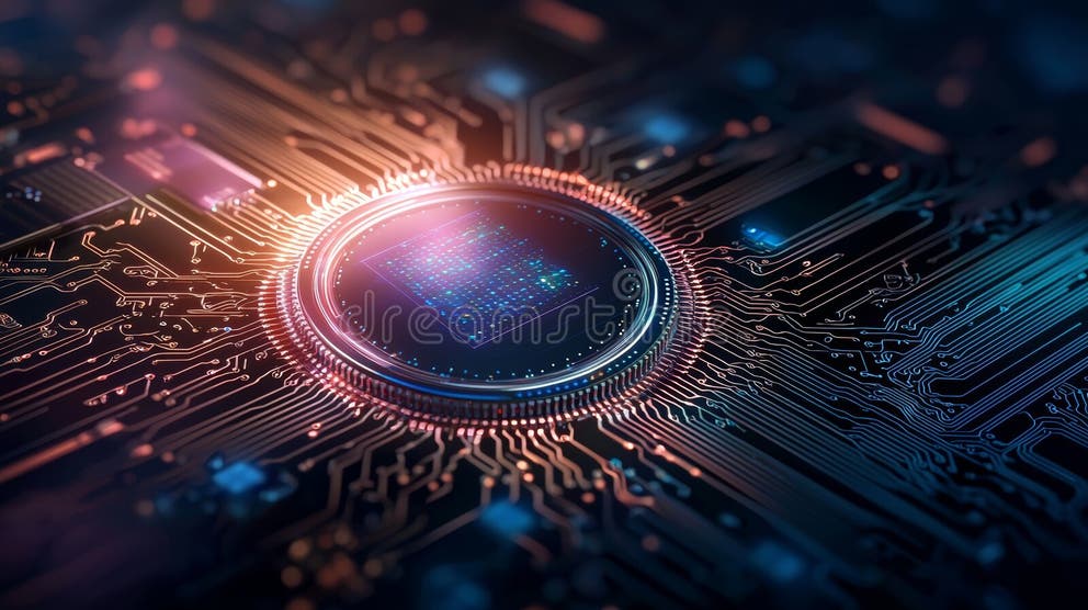 Close-up of a Glowing Microchip on a Circuit Board, Representing Modern ...