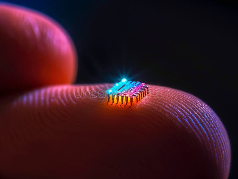 Microchip on Fingertip Illuminated by Lights Stock Photo - Image of ...